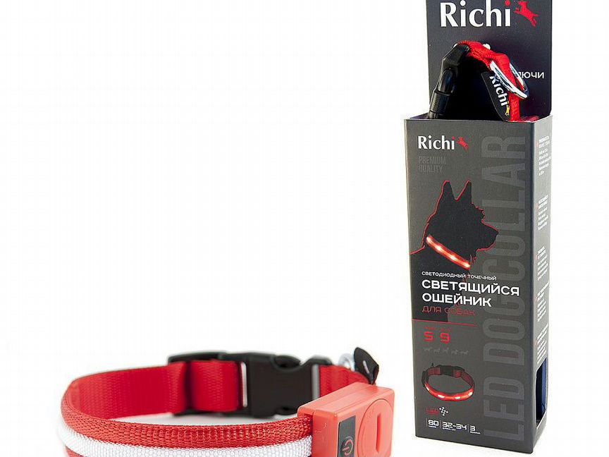 1522 Ошейник richi LED светящийся 37-40см (M) крас