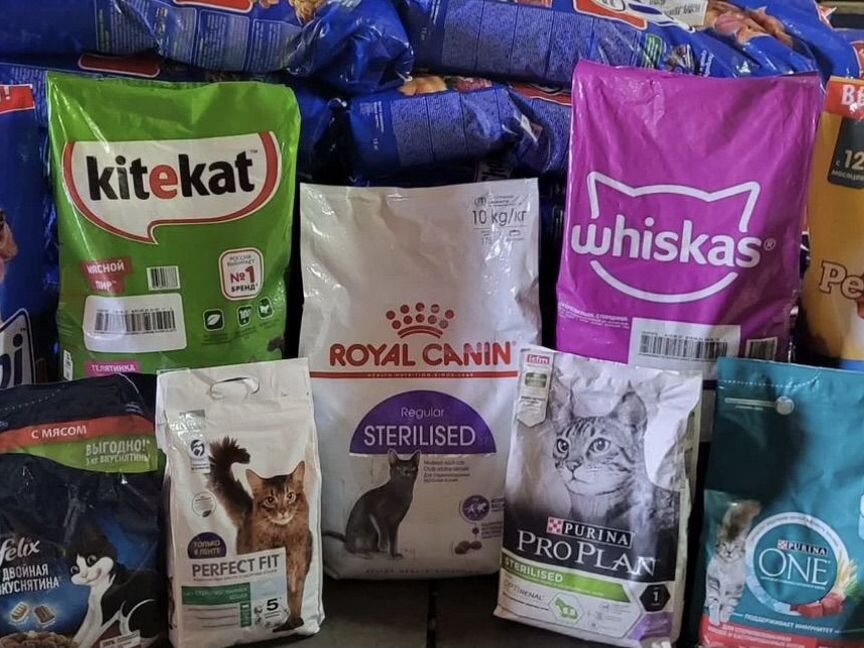 Сухой и влажный корм Китикет, Вискас, Чаппи