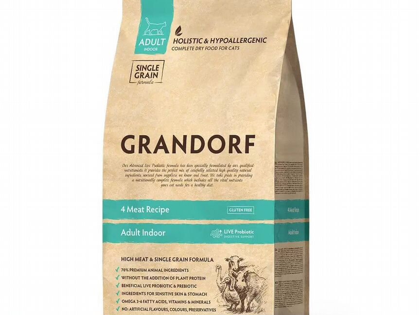 Grandorf для домашних кошек, 4 вида мяса, 2 кг