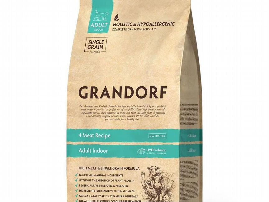 Корм для кошек, Grandorf indoor, 4 вида мяса, 2кг