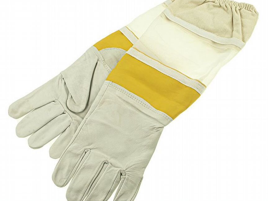 Перчатки пчеловода (белая кожа, сетка нейлон)