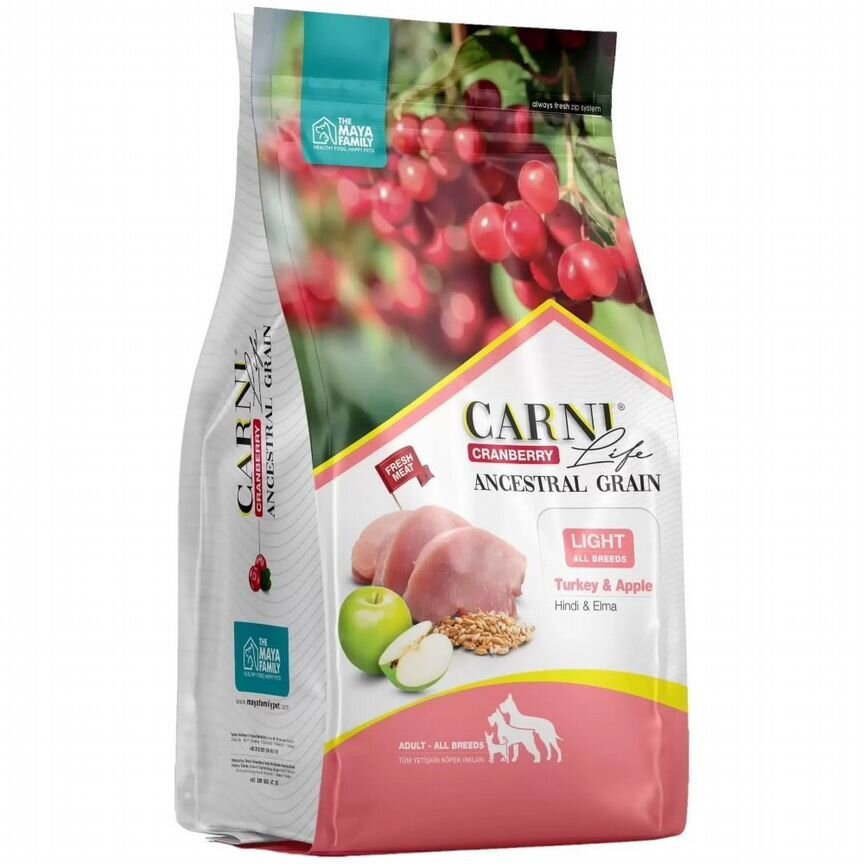 Сухой корм carni life Light для взрослых собак, контроль веса с индейкой, яблоком и клюквой - 12 кг