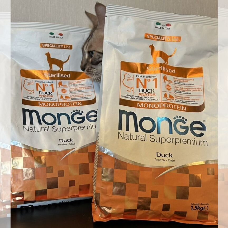 2 уп. Корм для кошек monge monoprotein 1,5 утка