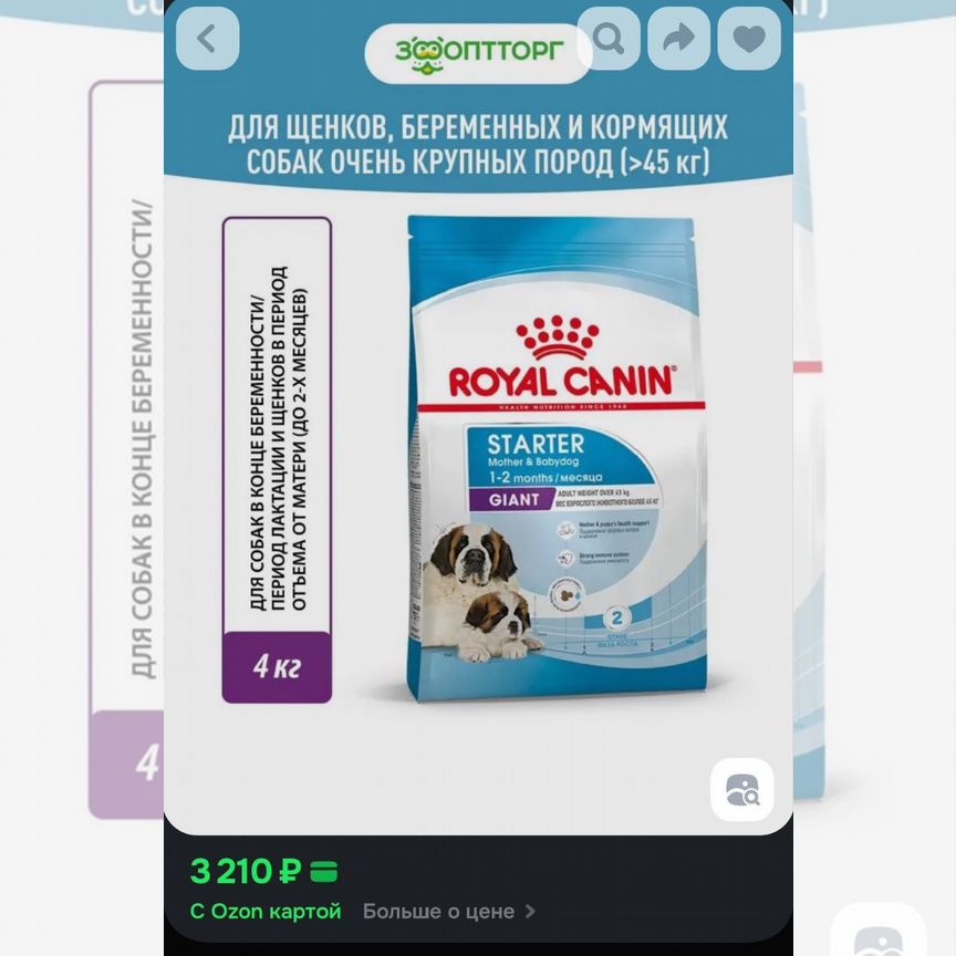 Корм для собак royal canin стартер джайнт