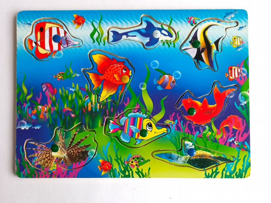 Рыбки в подводном мире с деревянной доской