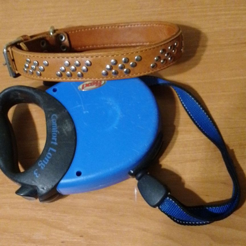 Поводок рулетка с кожаным ошейником