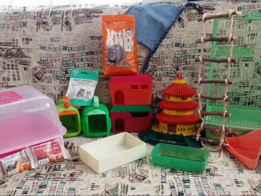 Клетка, корм, домик, туалет, лесенка